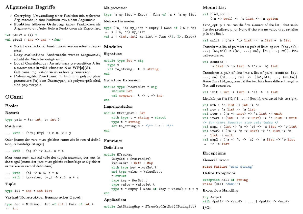 Cheat sheet FPV OCaml - Allgemeine Begriffe Currying:Umwandlung einer Funktion mit mehreren ...