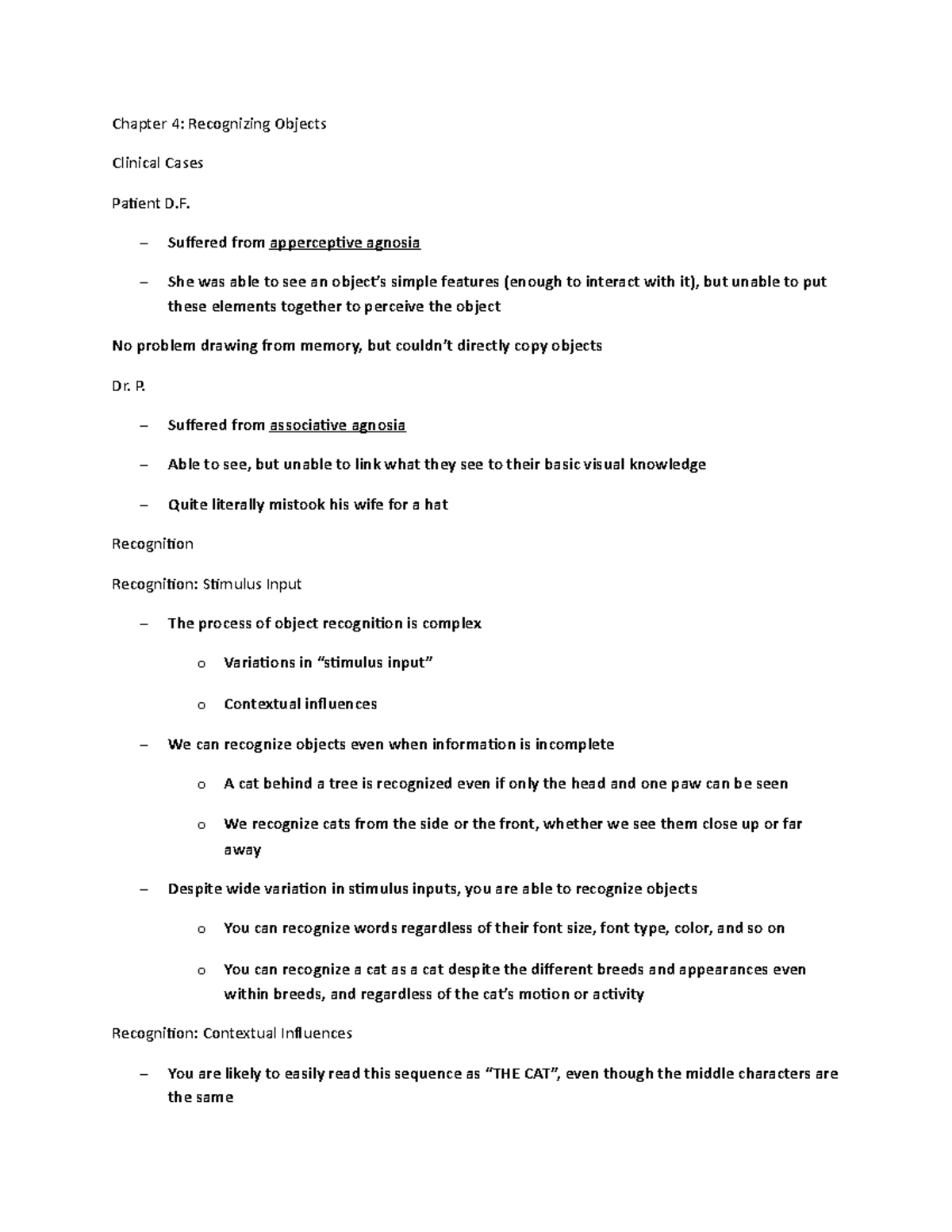 Intro to Cognitive Psyc Chapter 4 - Chapter 4: Recognizing Objects Clinical Cases Patient D ...