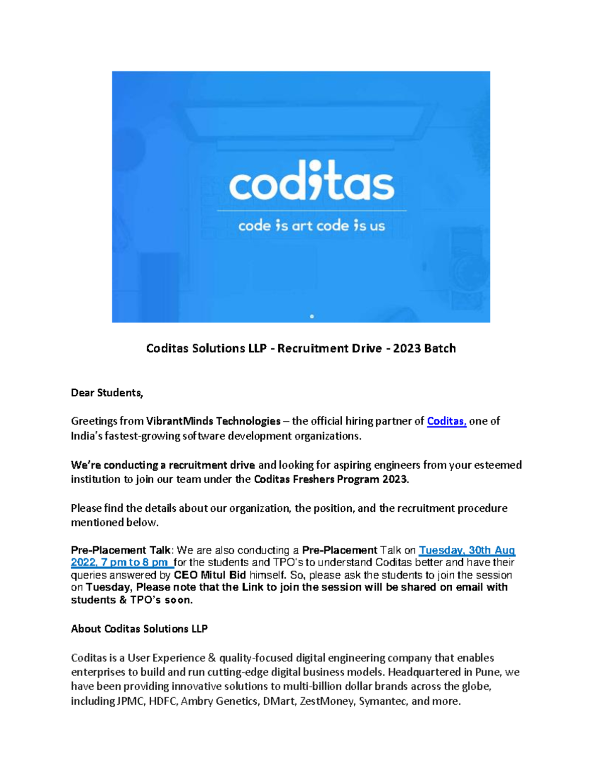 2. Coditas Fresher Recruitment FTE – 2023 Batch - Coditas Solutions LLP - Recruitment Drive ...