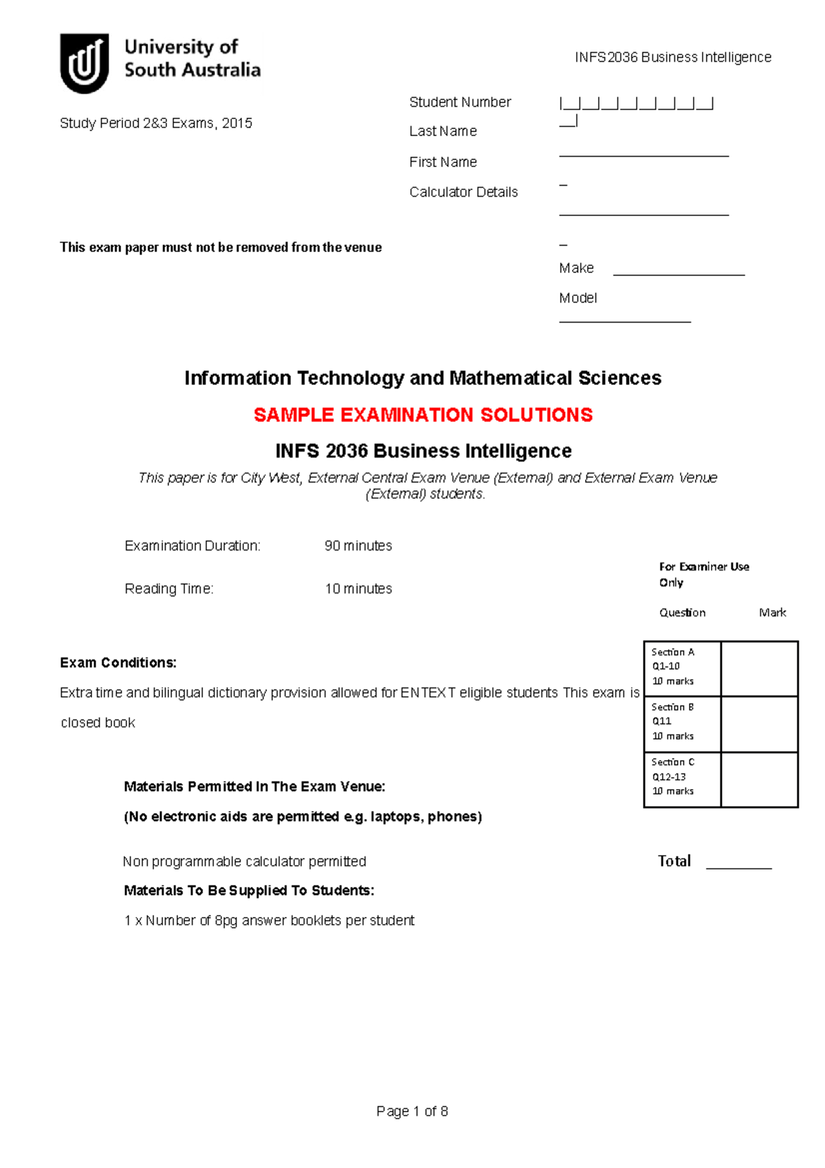 INFS2036 Business Intelligence Student Number Study Period Exams - Studocu