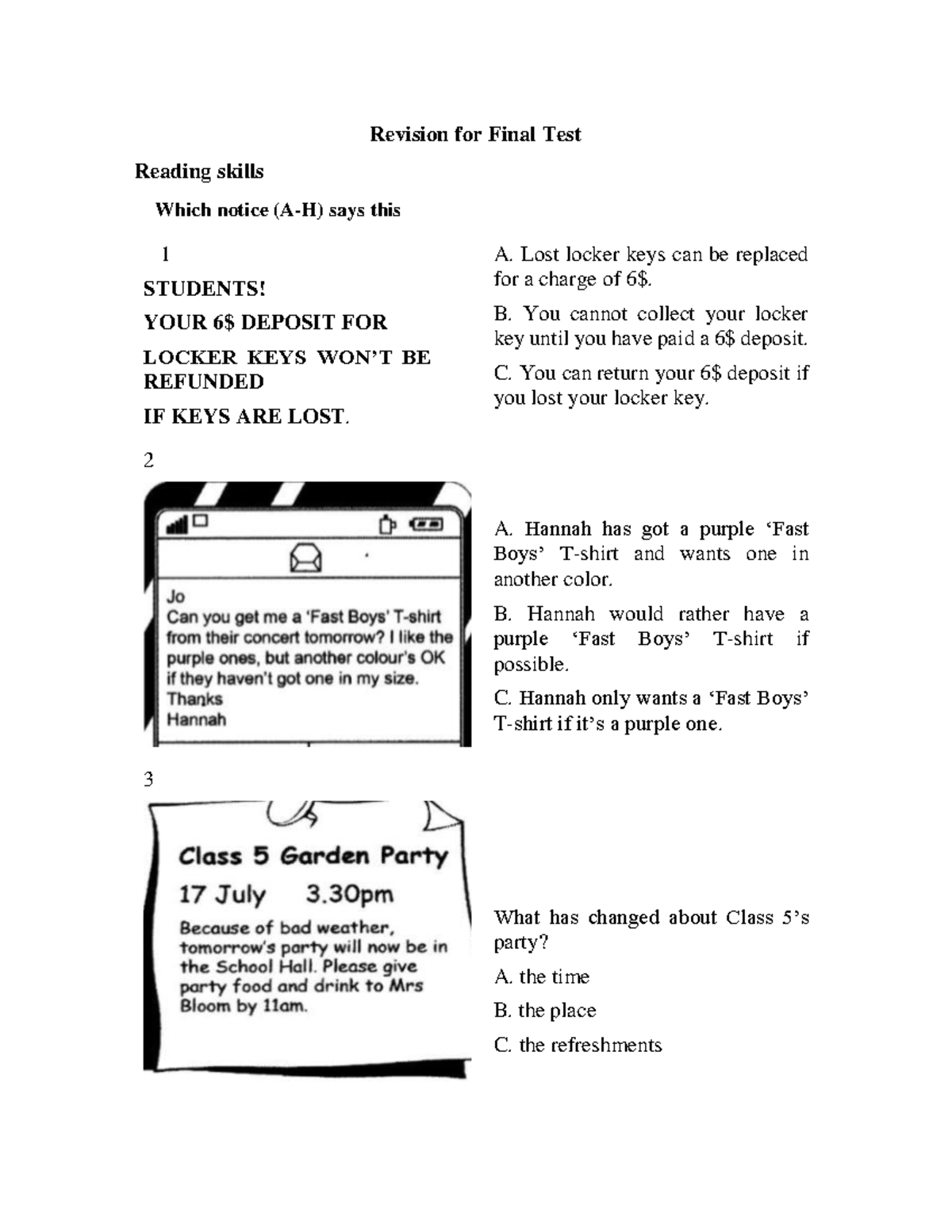 English - kkk - Revision for Final Test Reading skills Which notice (A ...