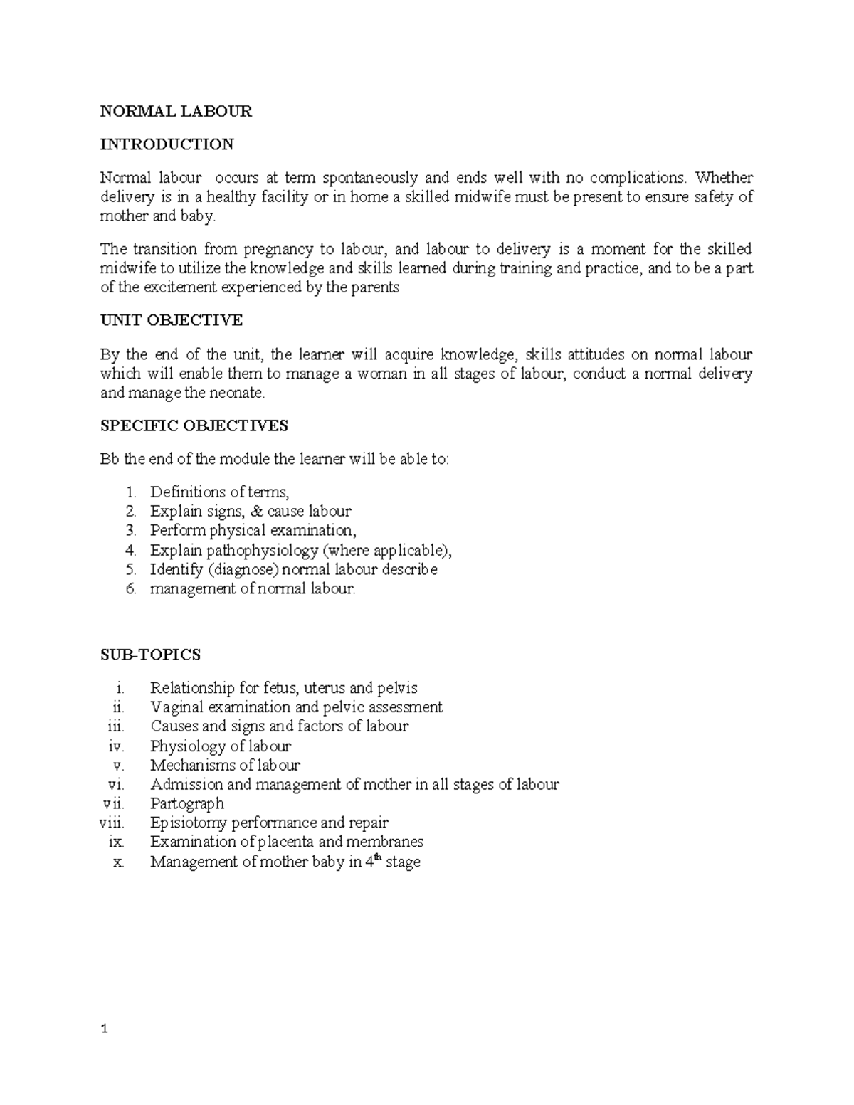 Labour Notes Handout DLC 2024 - NORMAL LABOUR INTRODUCTION Normal ...