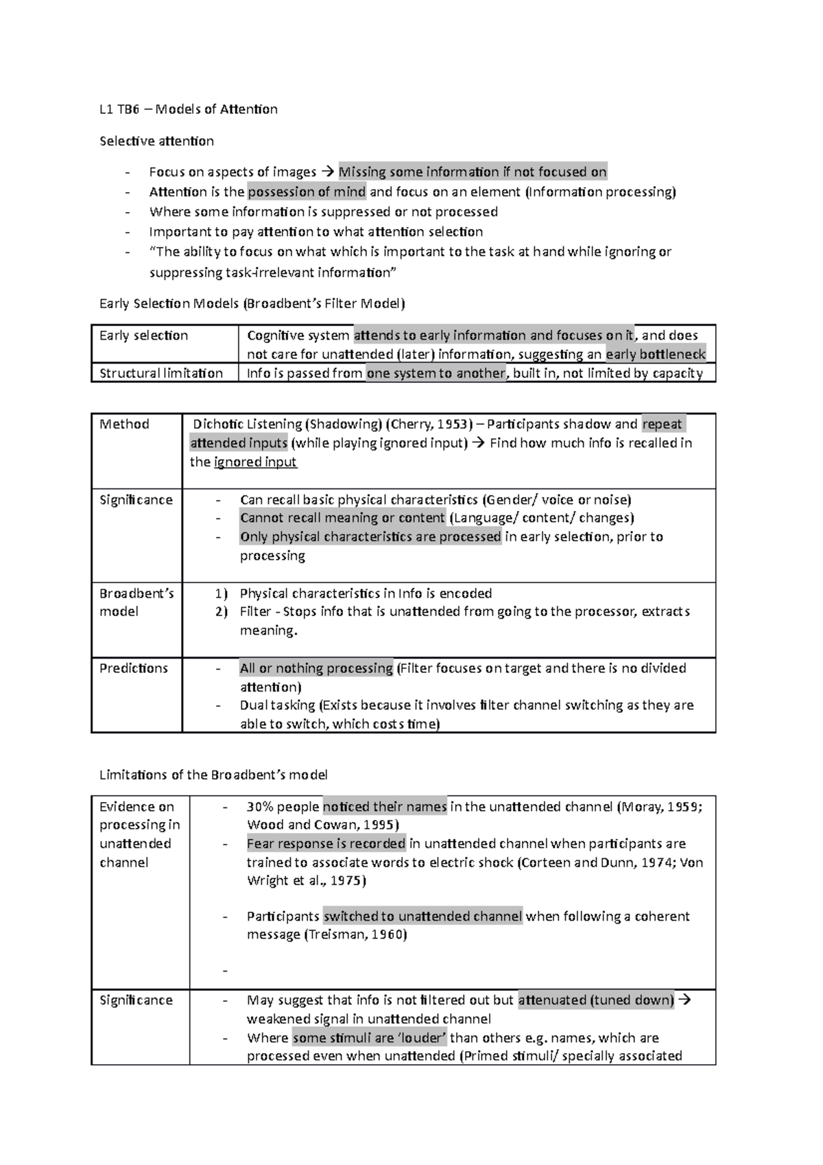 Perception And Cognition Ii Tb6 All Lectures L1 Tb6 Models Of Attention Selective Attention