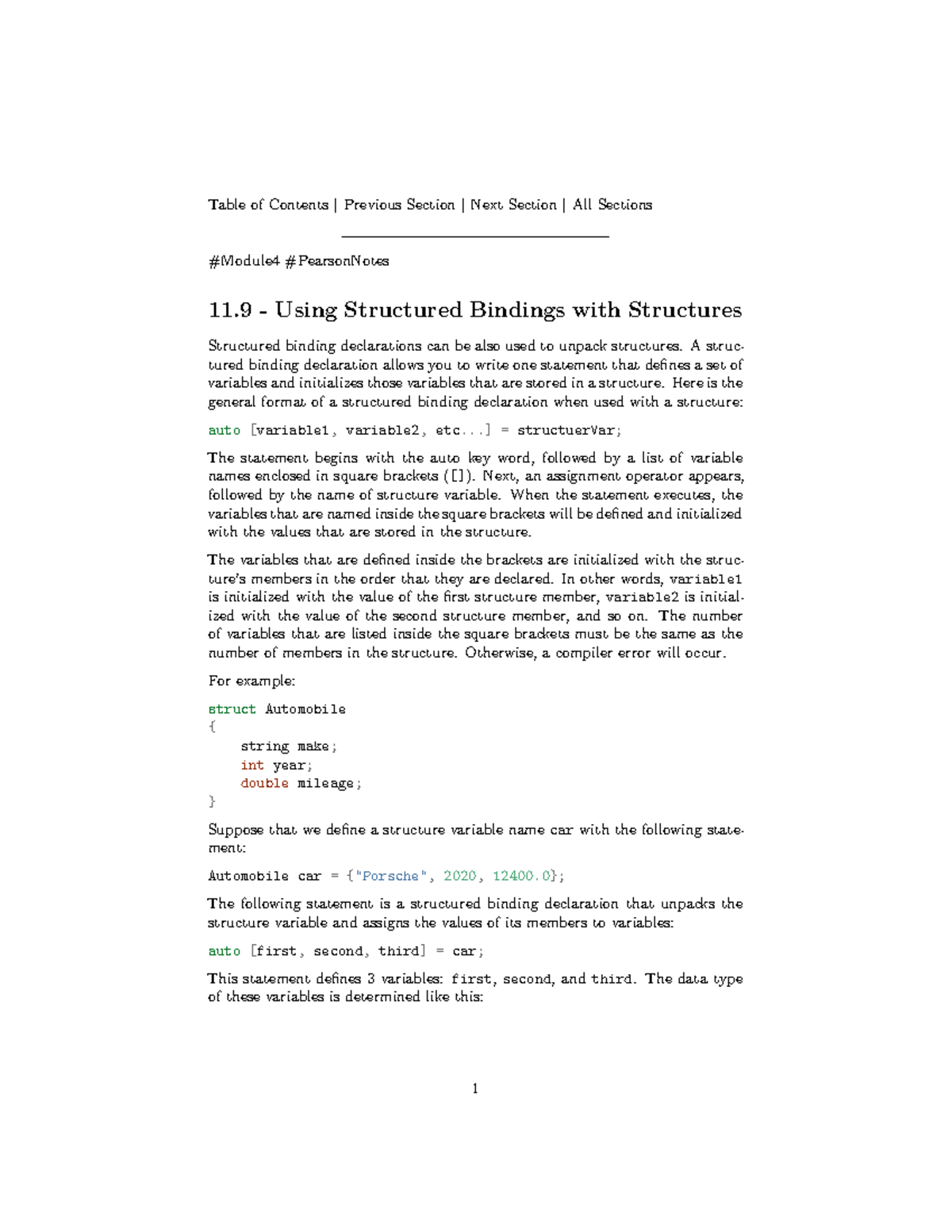 119 Using Structured Bindings With Structures Table Of Contents Previous Section Next