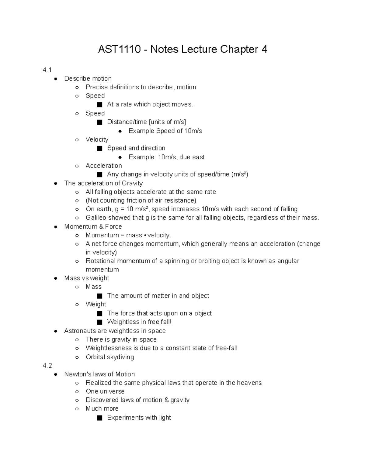 AST1110 - Notes Lecture Chapter 4 - Describe motion Precise definitions ...