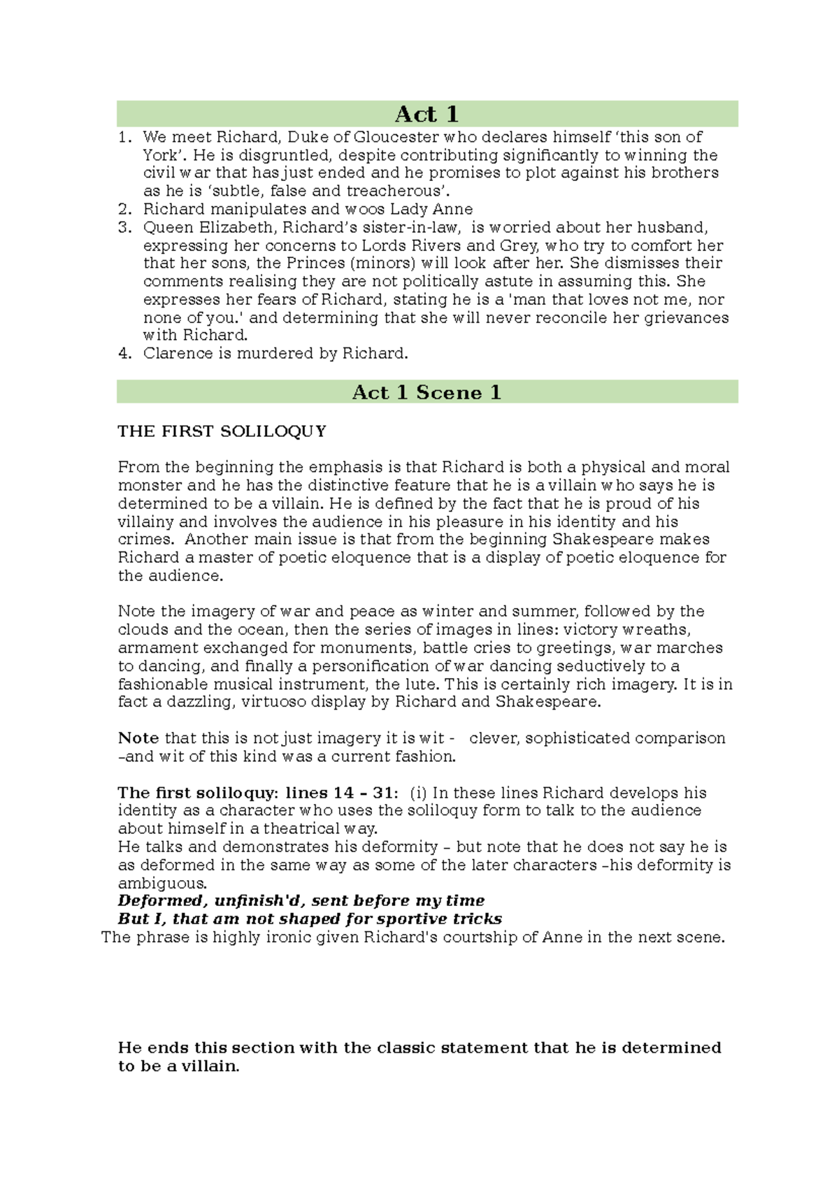 Act 1 - Richard III act 1 notes - Act 1 We meet Richard, Duke of ...