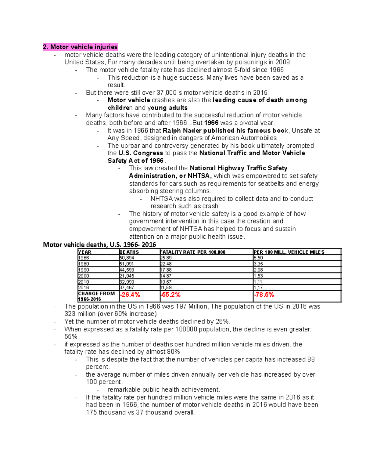 Public health lect 14 - Lecture notes 14.2 - 2. Motor vehicle injuries ...