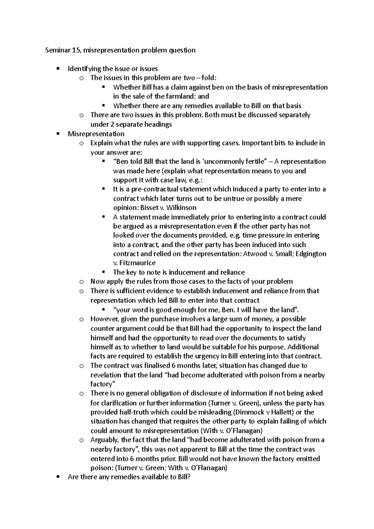 Seminar 15 - misrep - Seminar 15, misrepresentation problem question Identifying the issue or ...