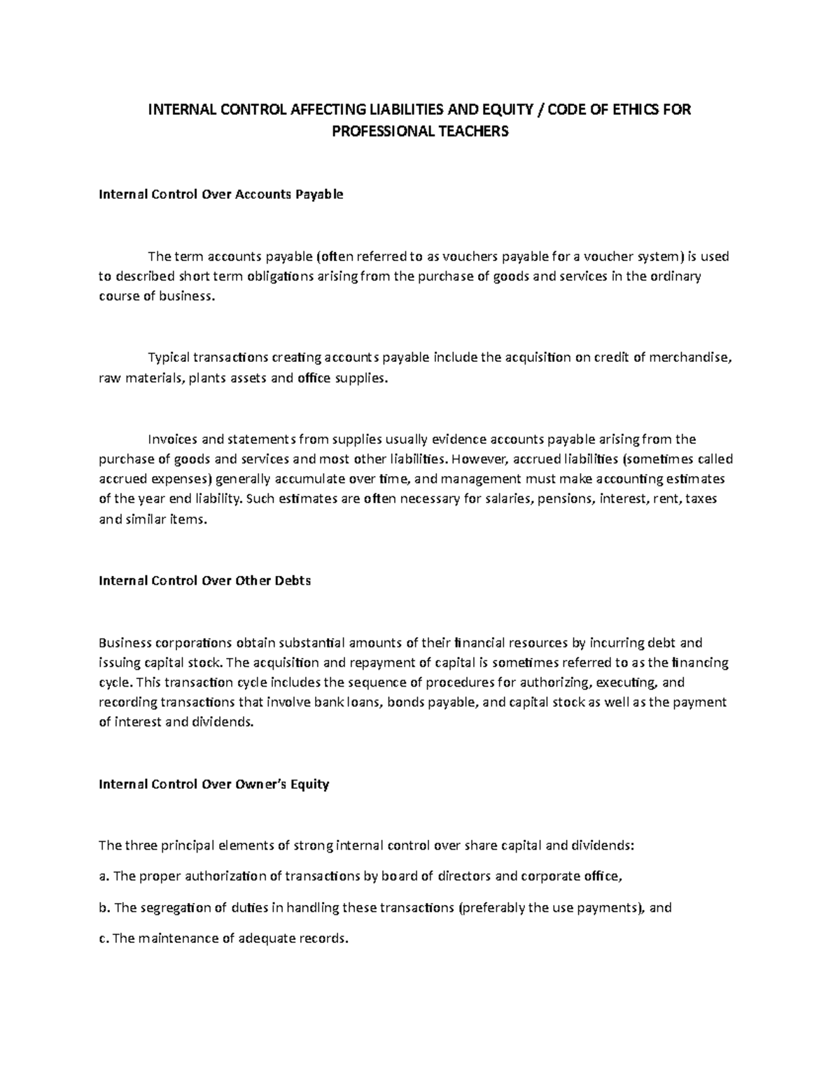 Internal Control Affecting Liabilities AND Equity - INTERNAL CONTROL AFFECTING LIABILITIES AND ...
