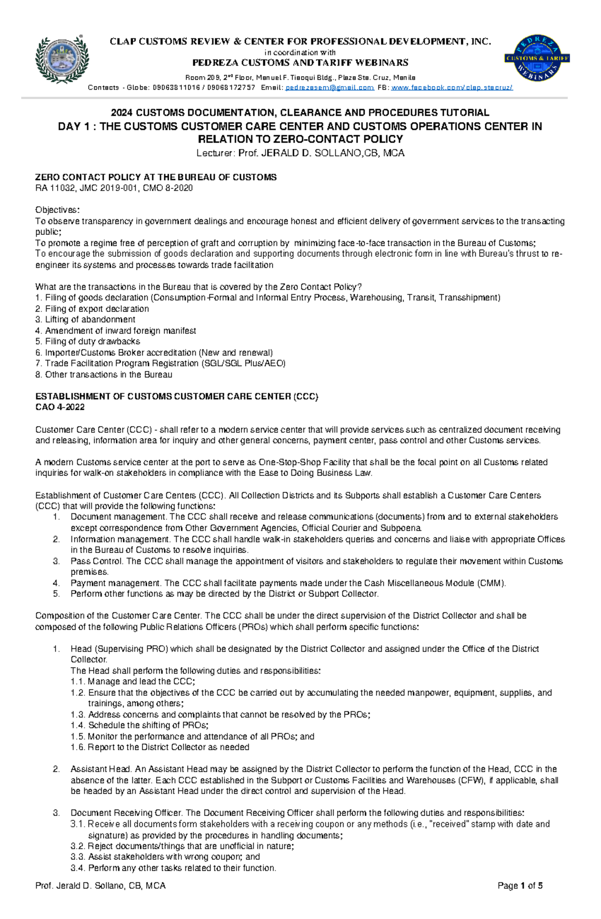 DAY 1 Handout 2024 CDP Tutorial - in coordination with PEDREZA CUSTOMS ...