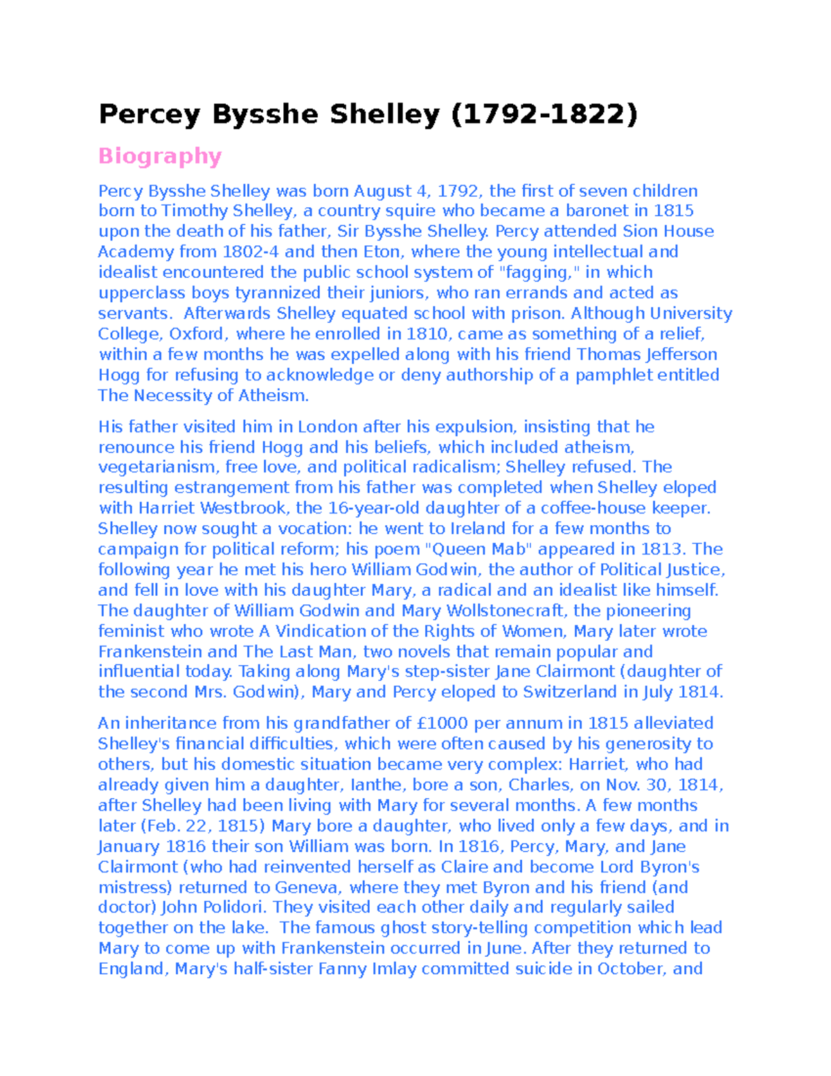 Lit Inglesa II - 5. Percy Bysshe Shelley - Biography and Analysis ...