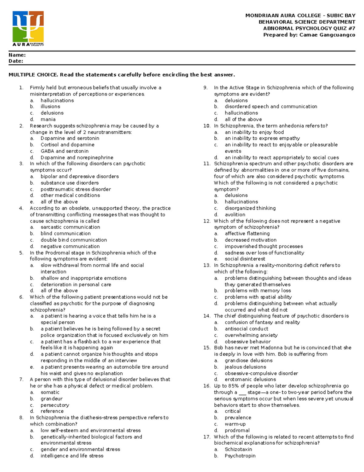 7 Abnormal Psychology Quiz 7 - MONDRIAAN AURA COLLEGE – SUBIC BAY ...