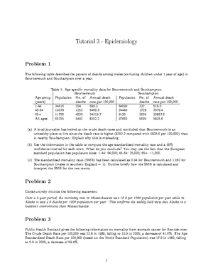 Tutorial 3 Epidemiology - Tutorial 3 - Epidemiology Problem 1 The ...