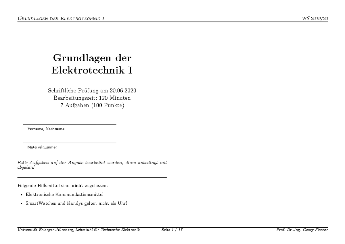 GET1 2020 06 - Klausuren - Grundlagen der Elektrotechnik I WS 2019/ Grundlagen der ...