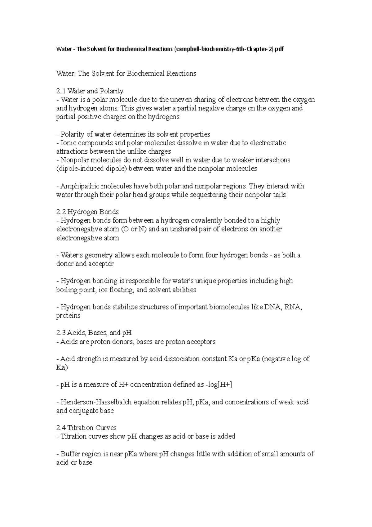 Water - notes - Water - The Solvent for Biochemical Reactions - Studocu