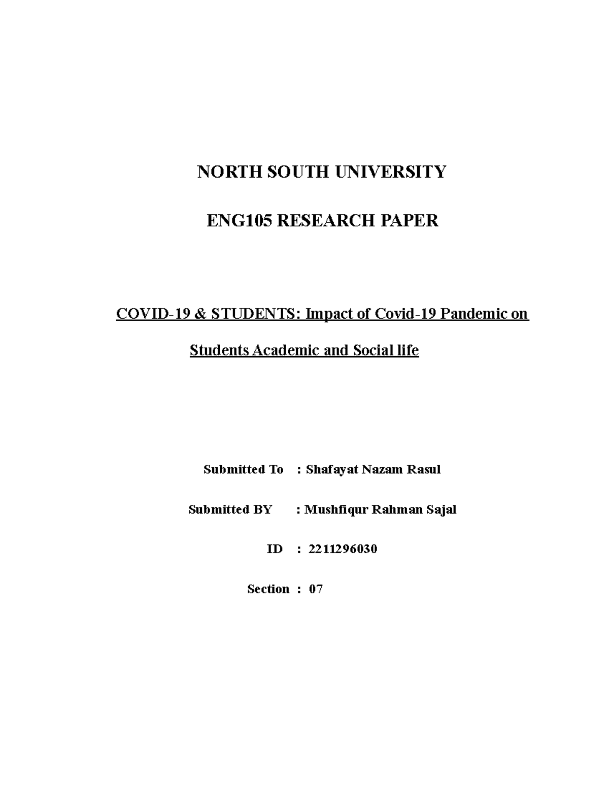 Eng105 Research paper - NORTH SOUTH UNIVERSITY ENG105 RESEARCH PAPER ...