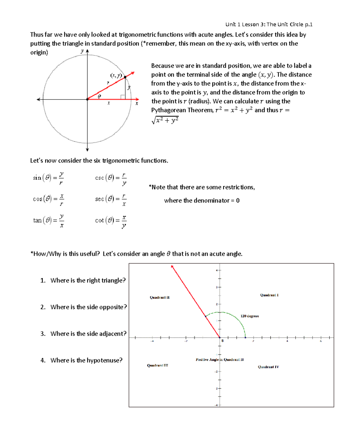 Precal Trig 1720 Unit 1.3 The Unit Circle - Thus far we have only ...
