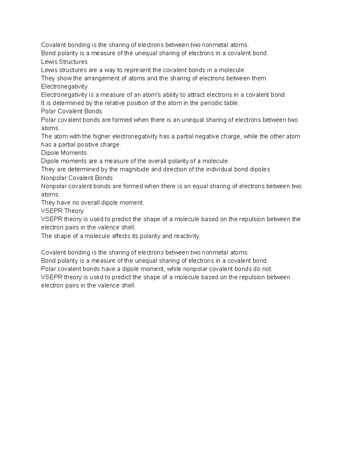 Covalent Bonding and Bond Polarity Notes - Covalent bonding is the ...