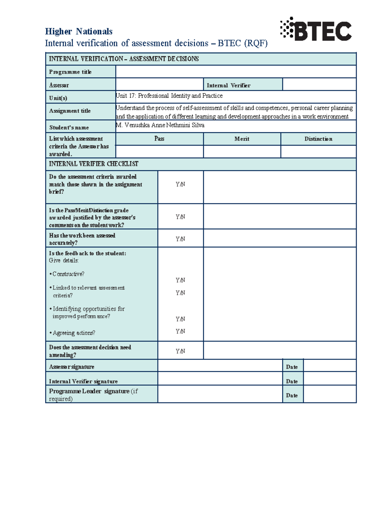 Unit 17 Professional Identity and Practice - Higher Nationals Internal ...