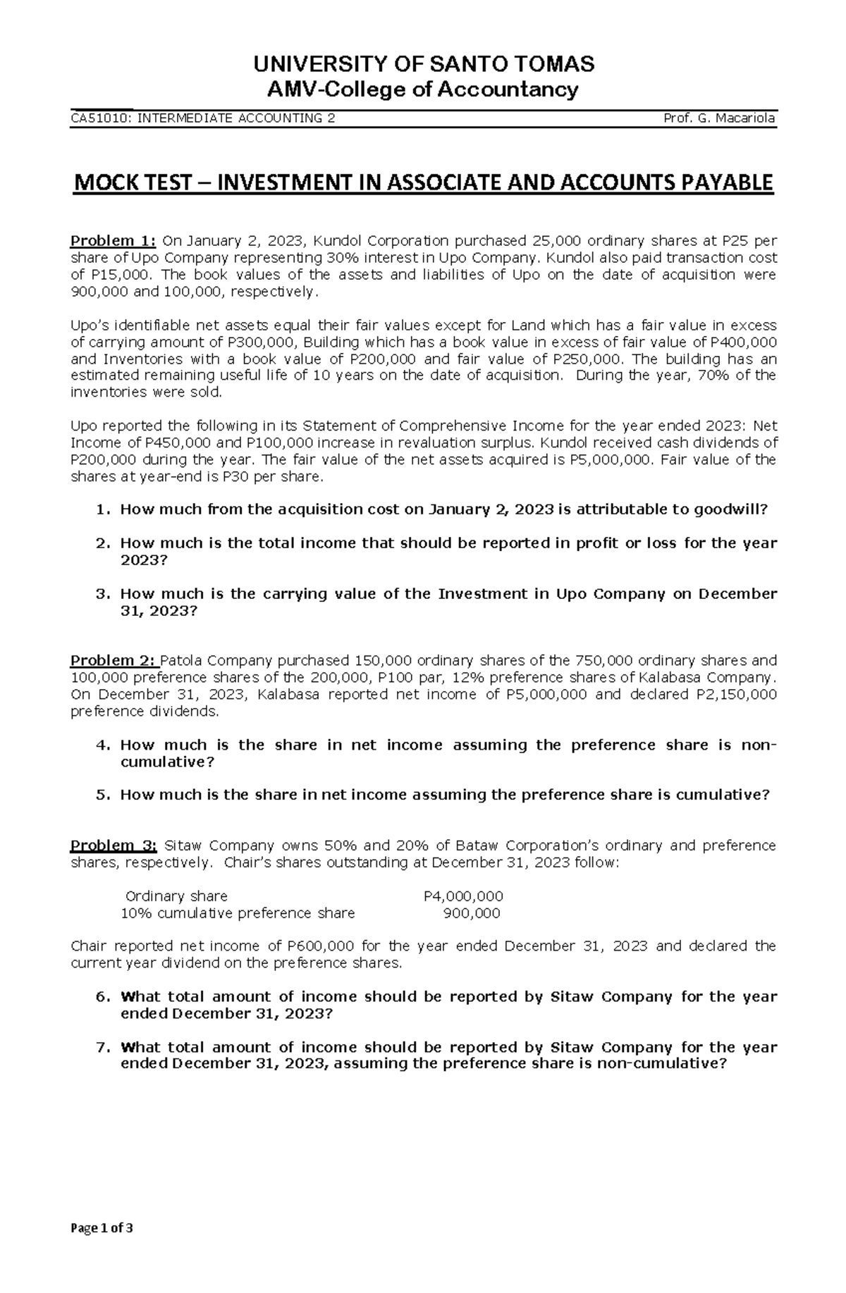 Mock Test - Investment in Associate and Accounts Payable - UNIVERSITY ...