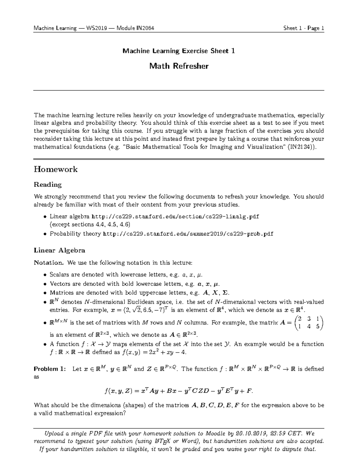 Exercise solution 01 math refresher - Machine Learning Exercise Sheet 1 ...
