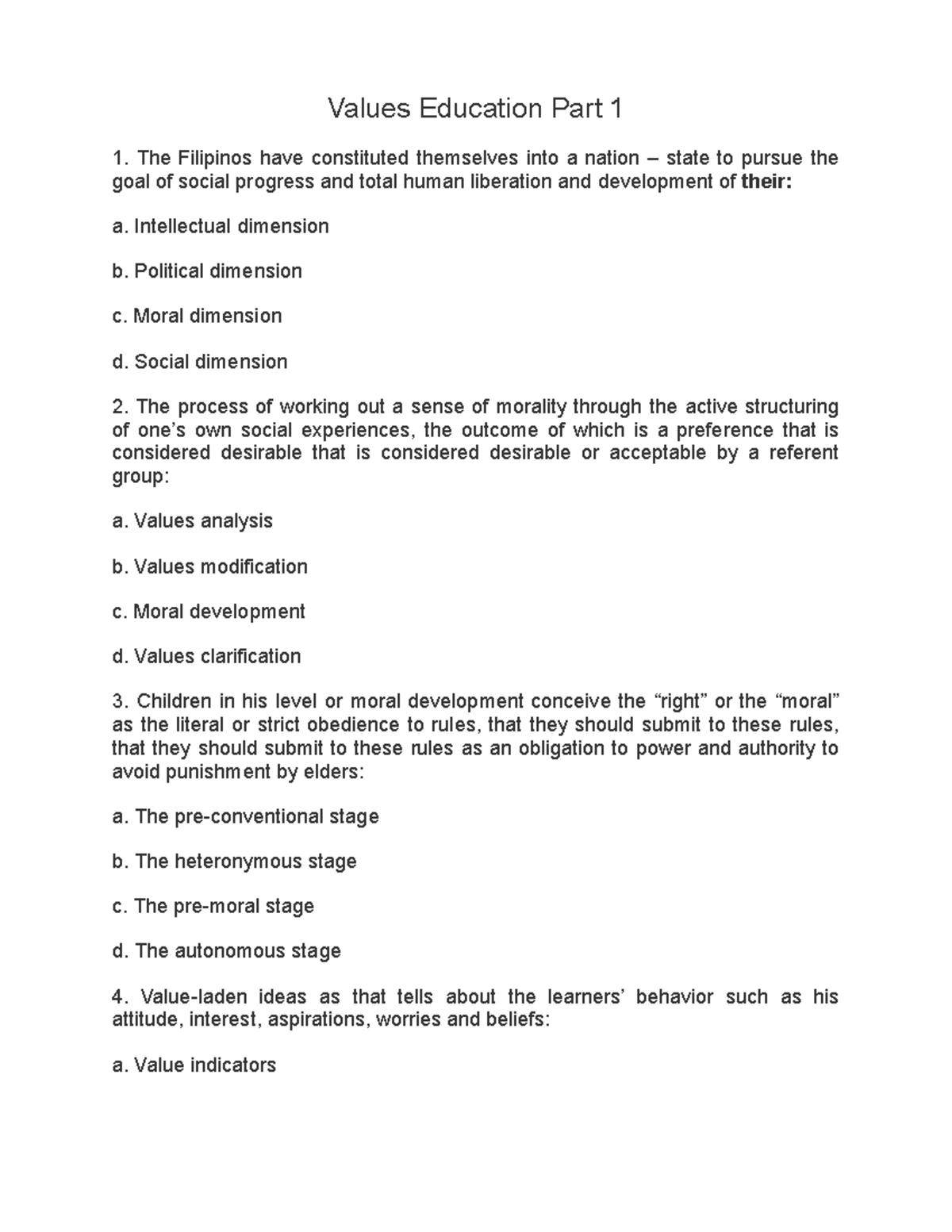 Values Education reviewer - Values Education Part 1 The Filipinos have ...