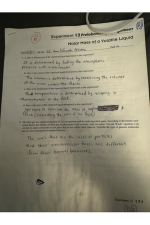 Experiment 12 Molar Mass of a Volatile Liquid Laboratory Questions ...