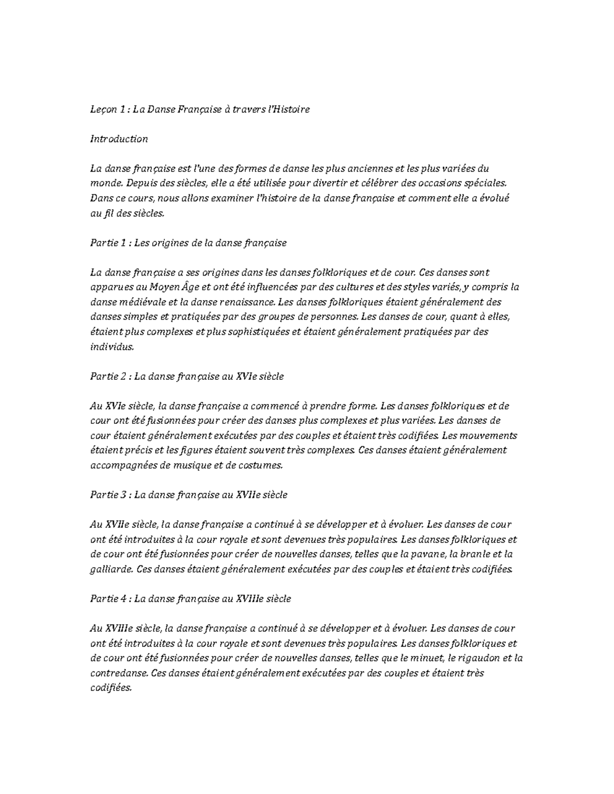 Dance History Notes de cours - Leçon 1 : La Danse Française à travers l ...