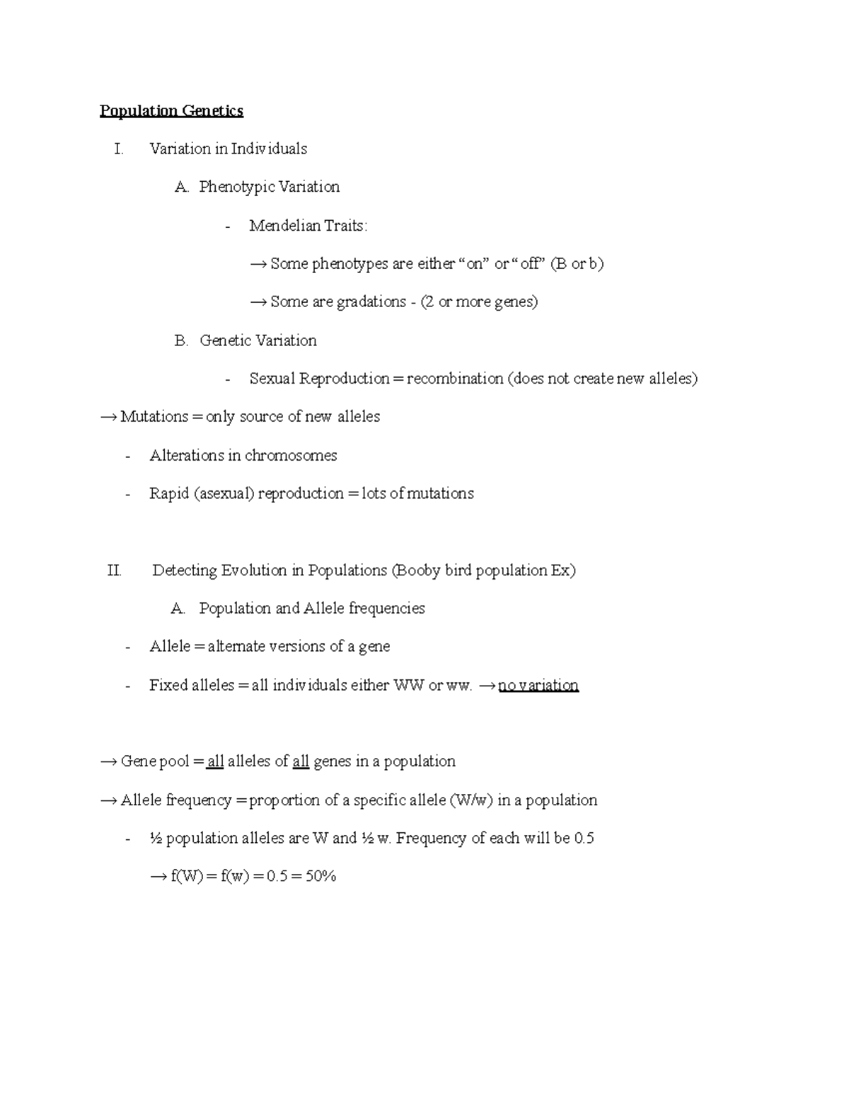 Bio I Topic 20 Population Genetics - Population Genetics I. Variation ...