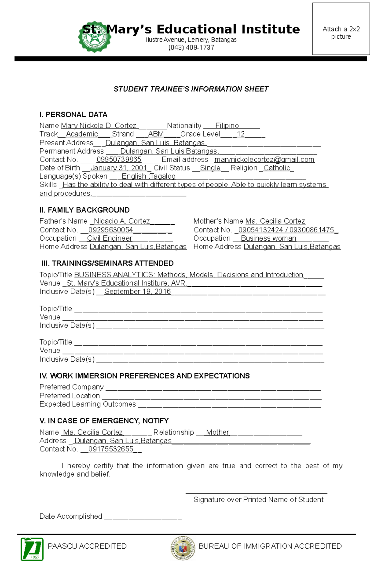 Nicksstudent Trainee Information Sheet - St. Mary’s Educational ...