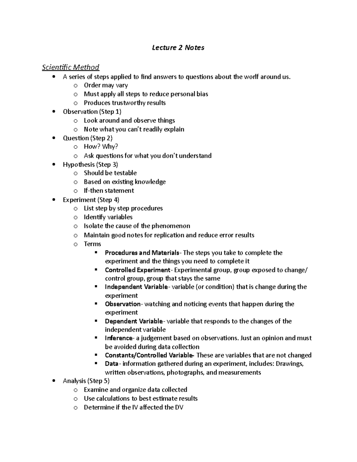 Lecture 2 Notes - Lecture 2 Notes Scientific Method A series of steps ...