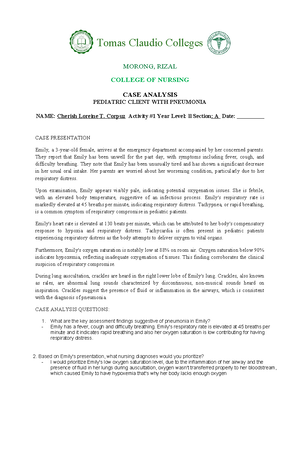 Case Analysis Pedia (Pneumonia) - Tomas Claudio Colleges MORONG, RIZAL ...