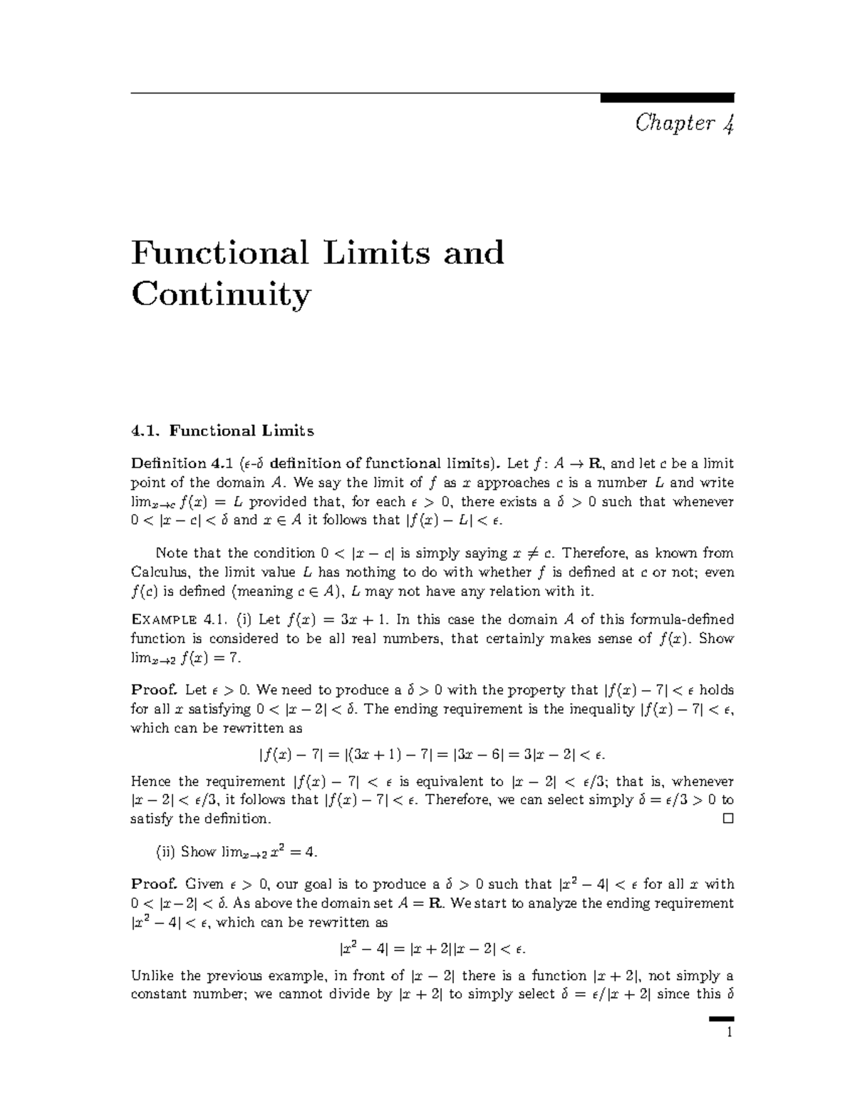 Functional Limits And Continuity Chapter 4 Functional Limits And Continuity 4 Functional
