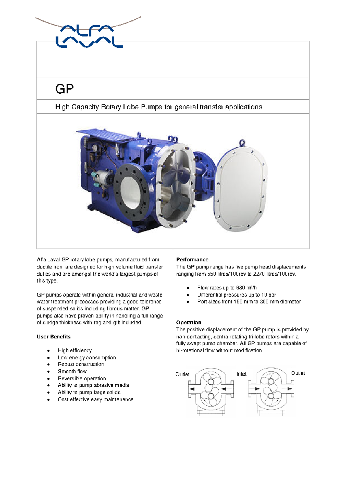 Pump Model GP ALFA Laval - GP High Capacity Rotary Lobe Pumps for ...