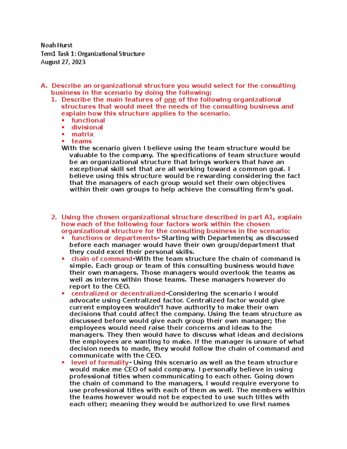 Organizational structure - Noah Hurst Tem1 Task 1: Organizational ...