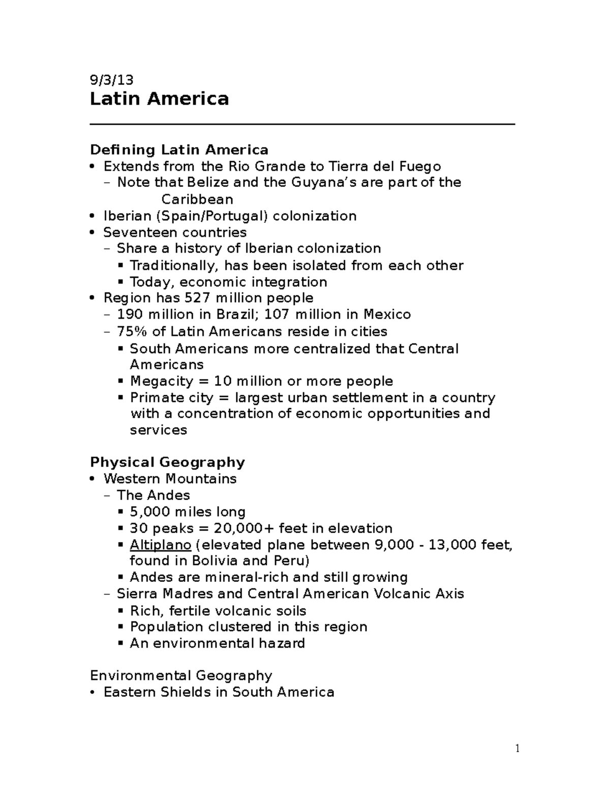 Lecture 4 - Latin America 9-3-13 - 9/3/13 Latin America - Studocu