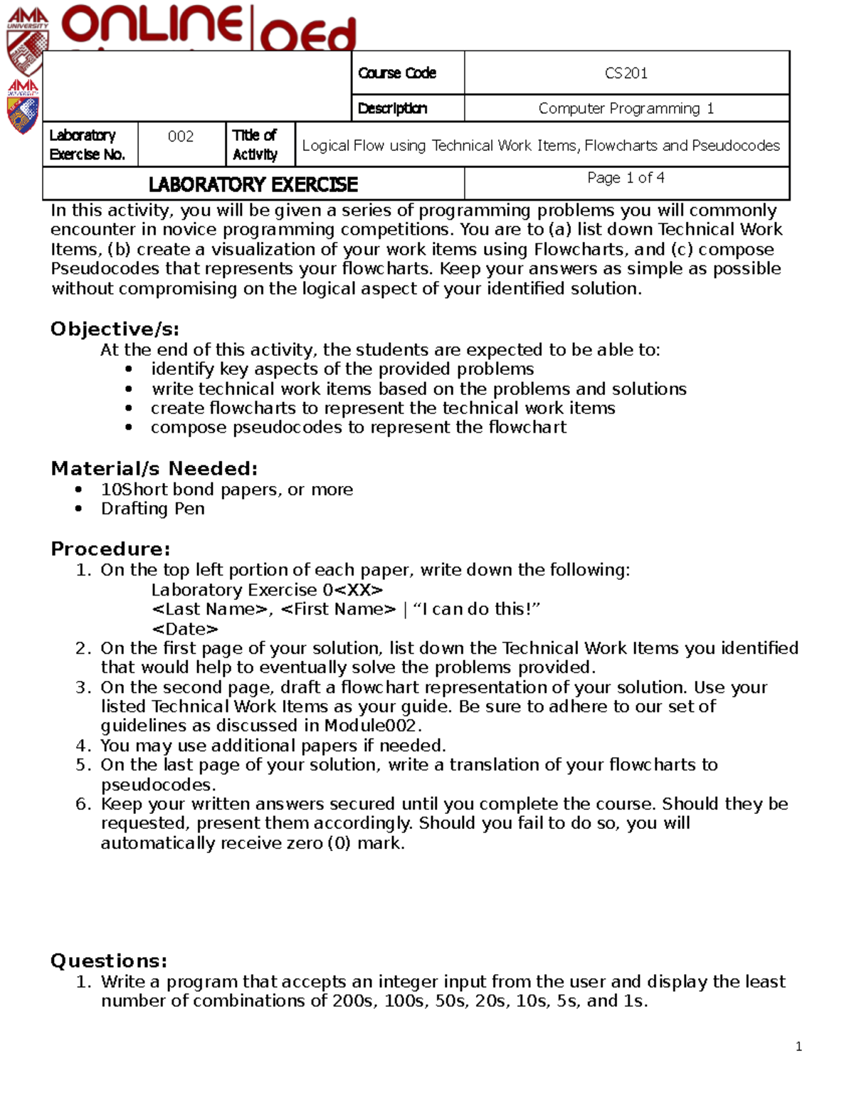 Week003 Lab2 Problem Solving Through Flowcharts 2 Edited In This Activity You Will Be Given A