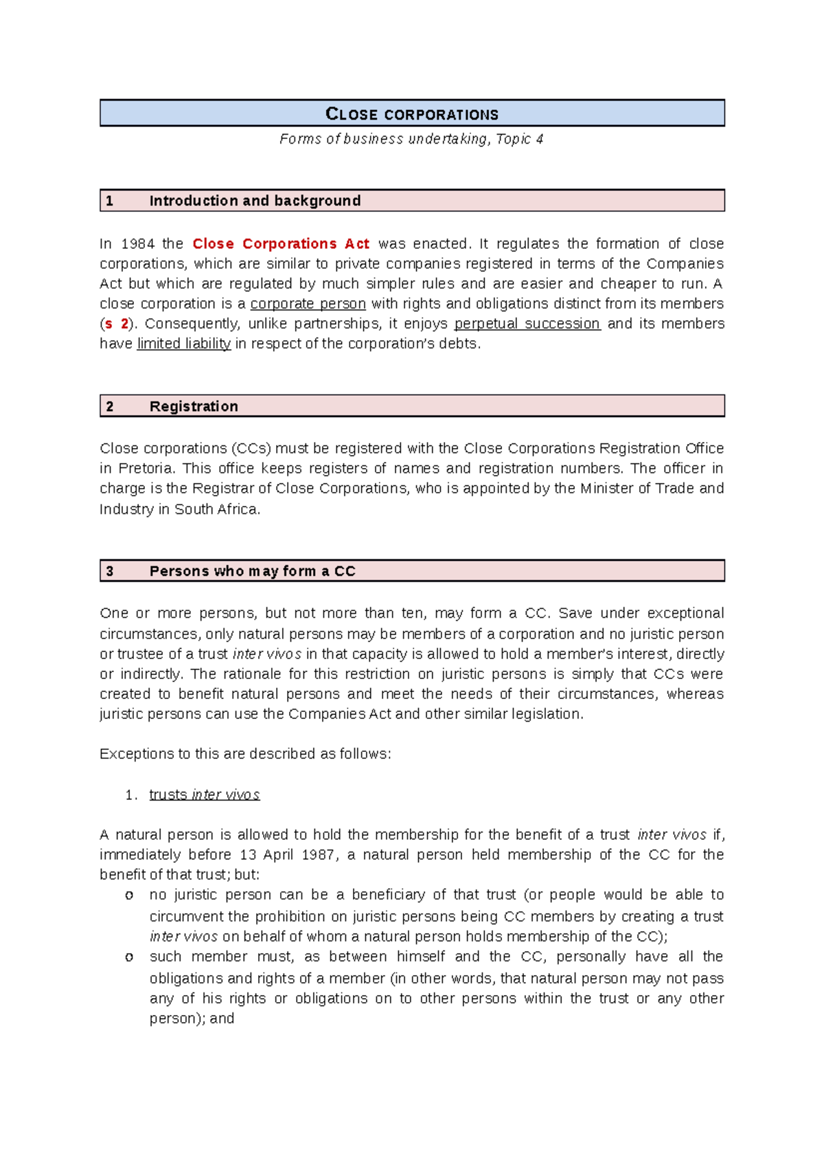 Close corporations notes - CLOSE CORPORATIONS Forms of business ...