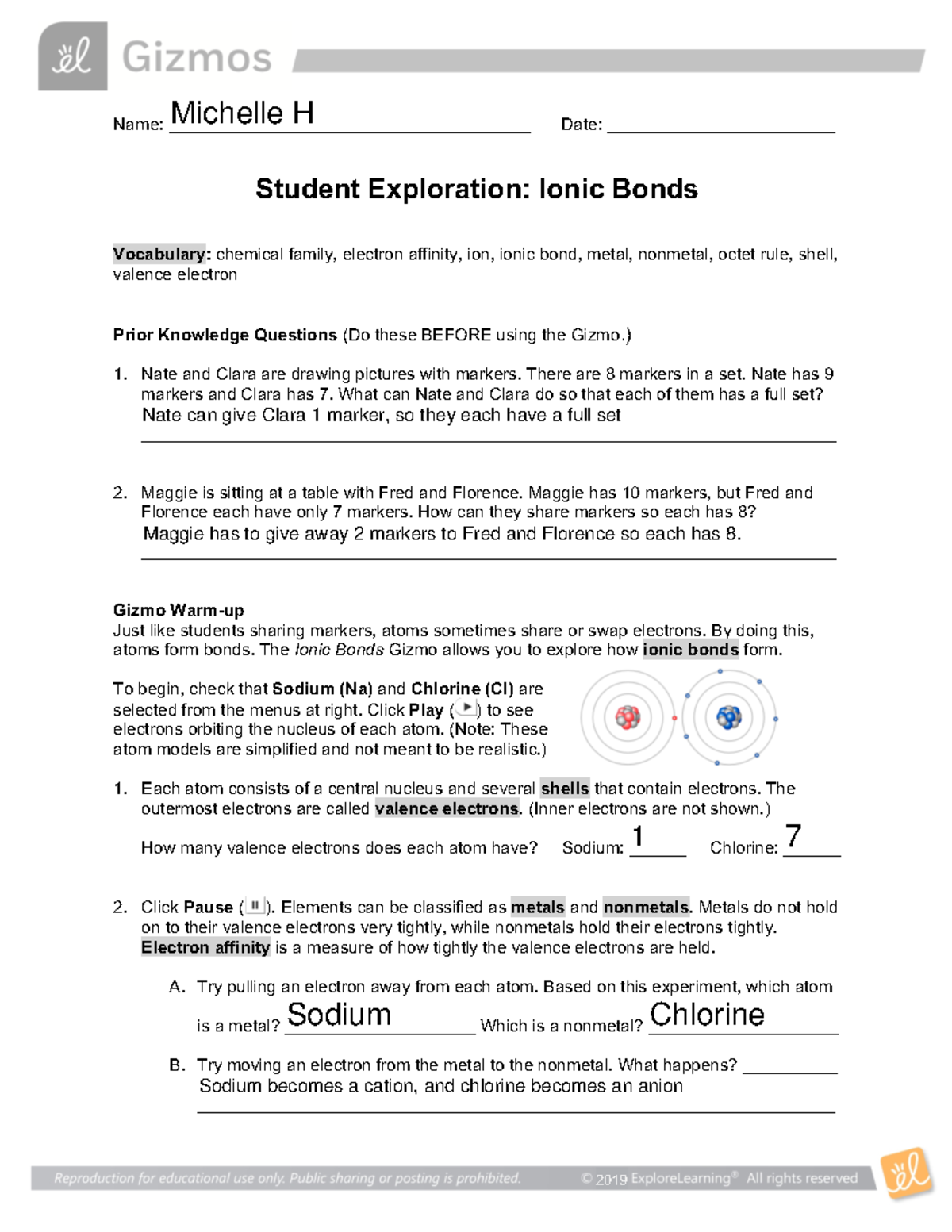 Gizmos Ionic Bonds - 2019 Name: ______________________________________ Date: - Studocu