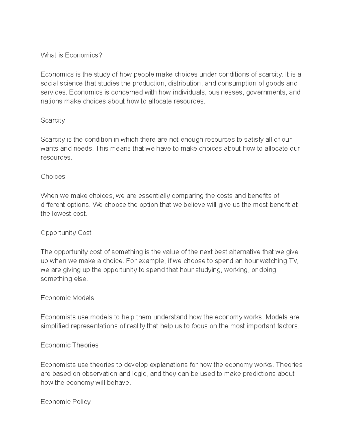 Lecture note for Economy 101, Lecture 1 - What is Economics? Economics ...