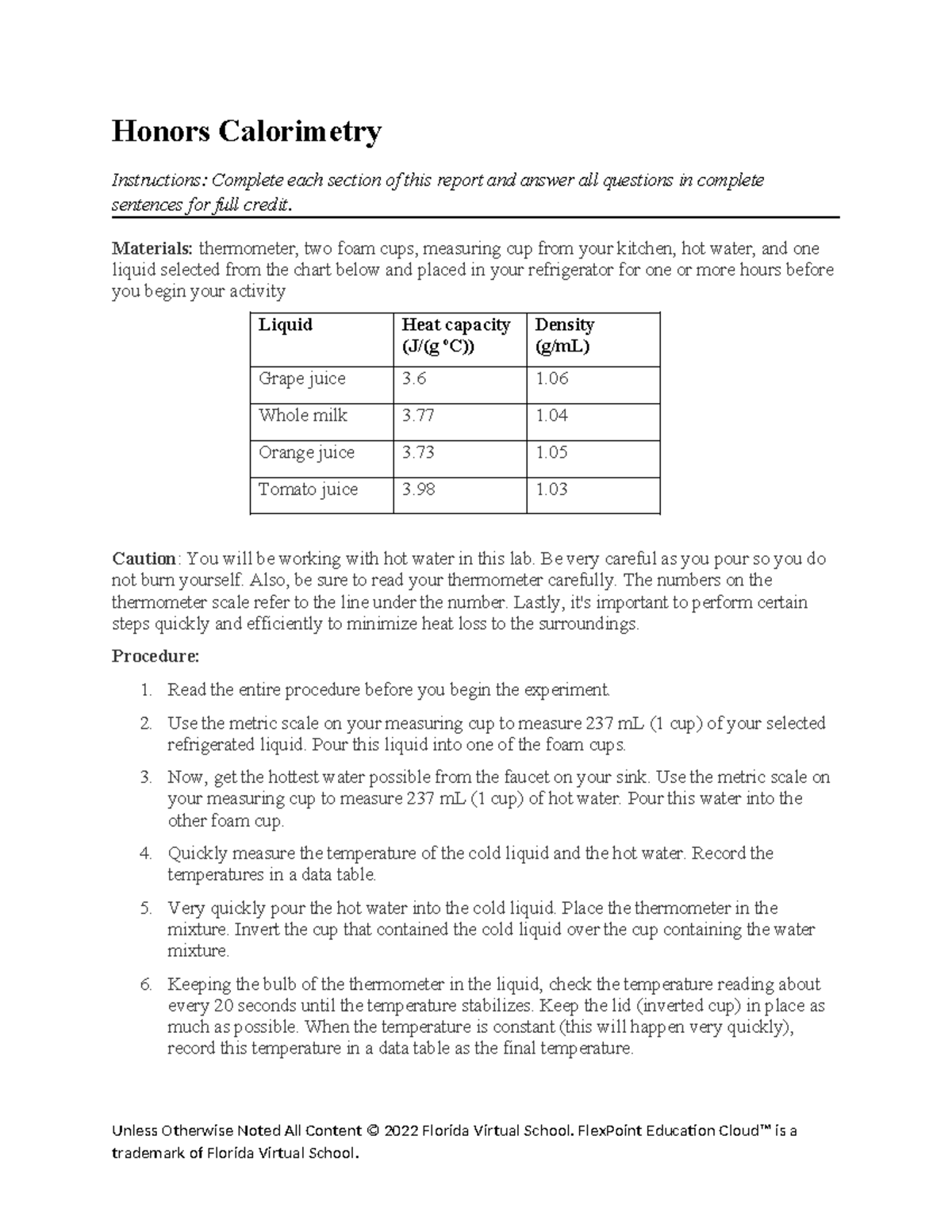 07 03 worksheet - Honors Calorimetry Instructions: Complete each ...