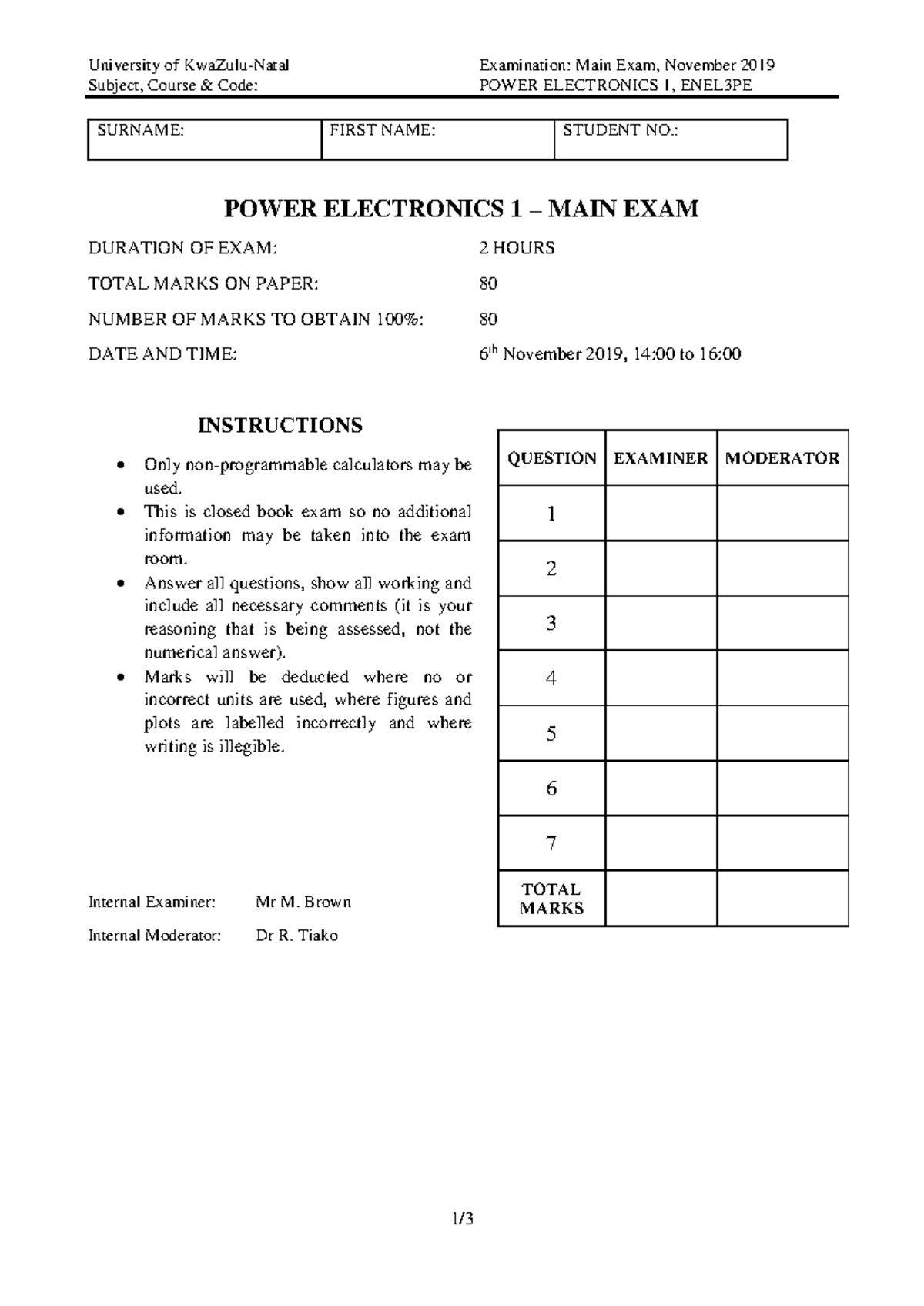 ENEL3PE H2 12 2019 Y P1 - none - University of KwaZulu-Natal Examination: Main Exam, November ...