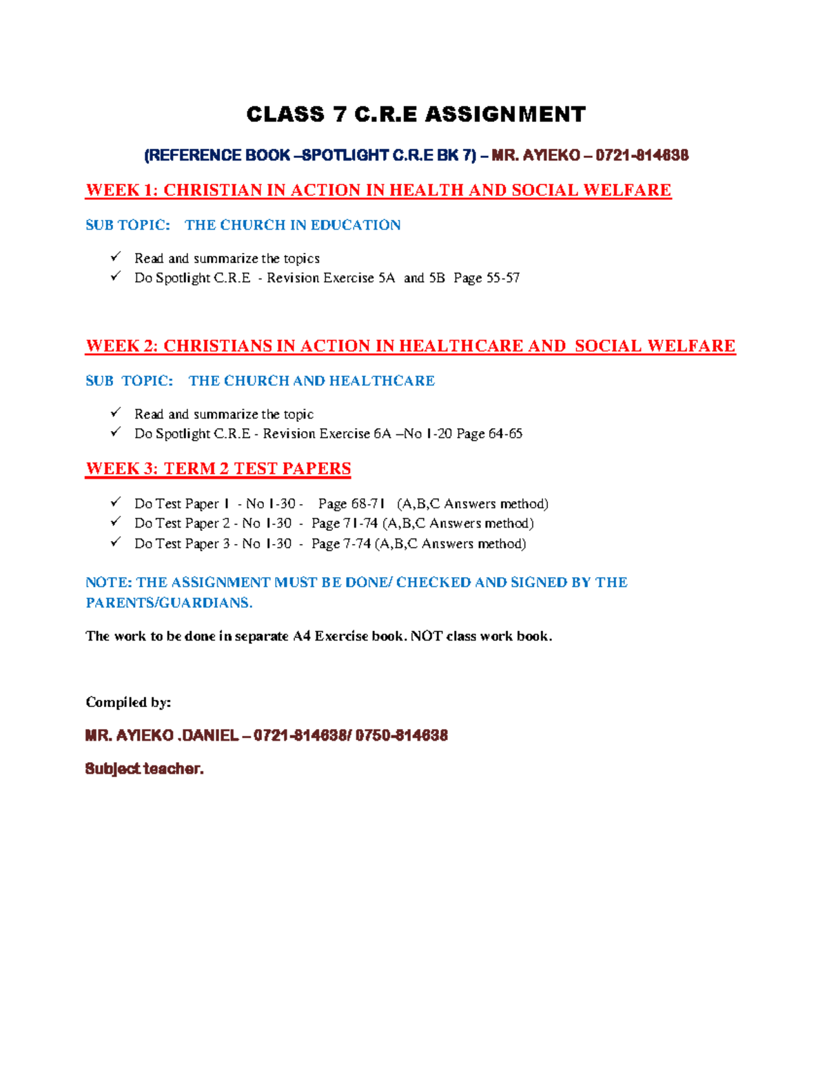Grade 7 - C.R.E Assignment - CLASS 7 C.R ASSIGNMENT (REFERENCE BOOK ...
