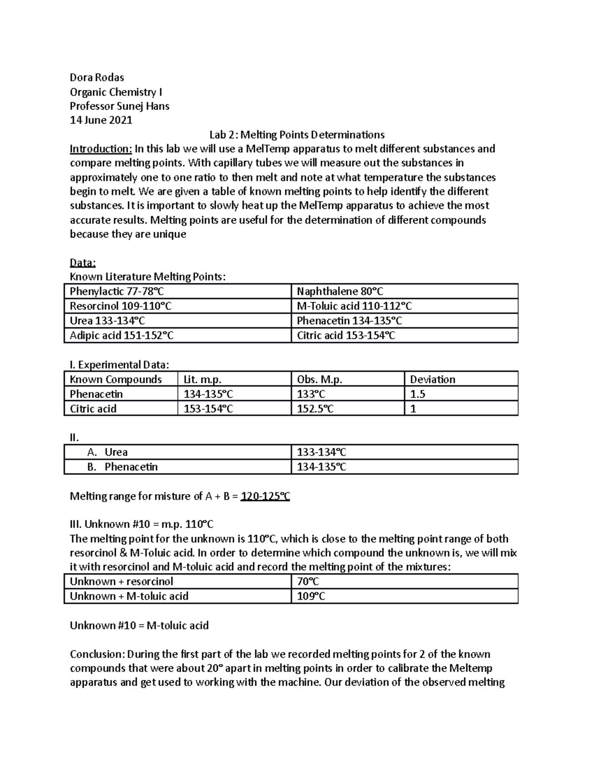 Lab 2 Melting Point Determination MelTemp Apparatus - Dora Rodas ...