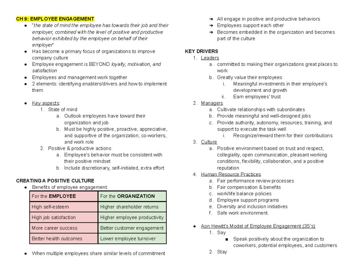 CH9 Study Guide - Intro to Mgt - CH 9: EMPLOYEE ENGAGEMENT “the state ...