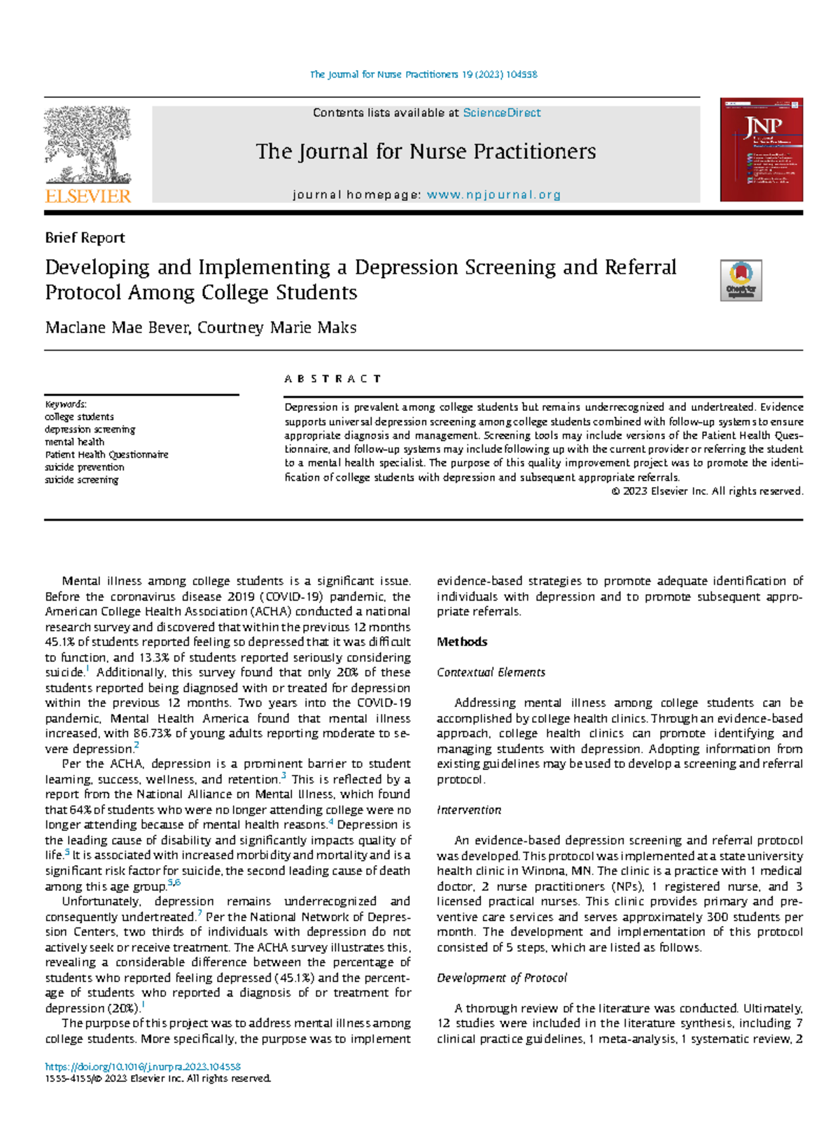 Depression Screening Article - Brief Report Developing and Implementing ...