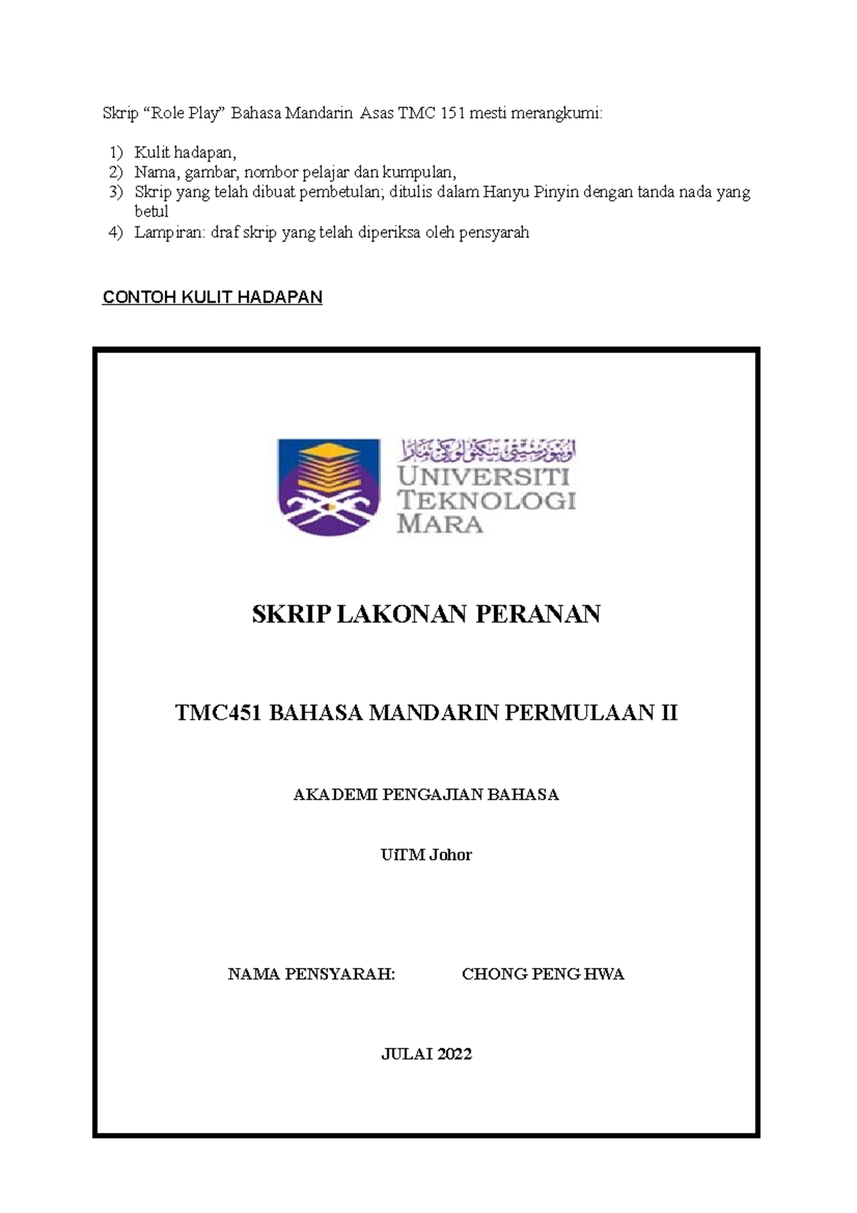 TMC451 Format Skrip Role Play - Skrip “Role Play” Bahasa Mandarin Asas TMC 151 mesti merangkumi ...