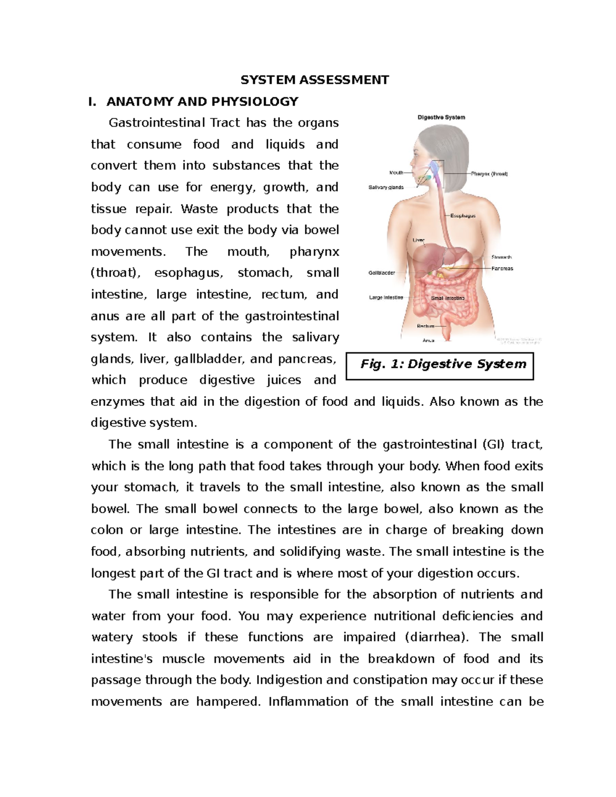 GIT Assessment Case Study - SYSTEM ASSESSMENT I. ANATOMY AND PHYSIOLOGY ...