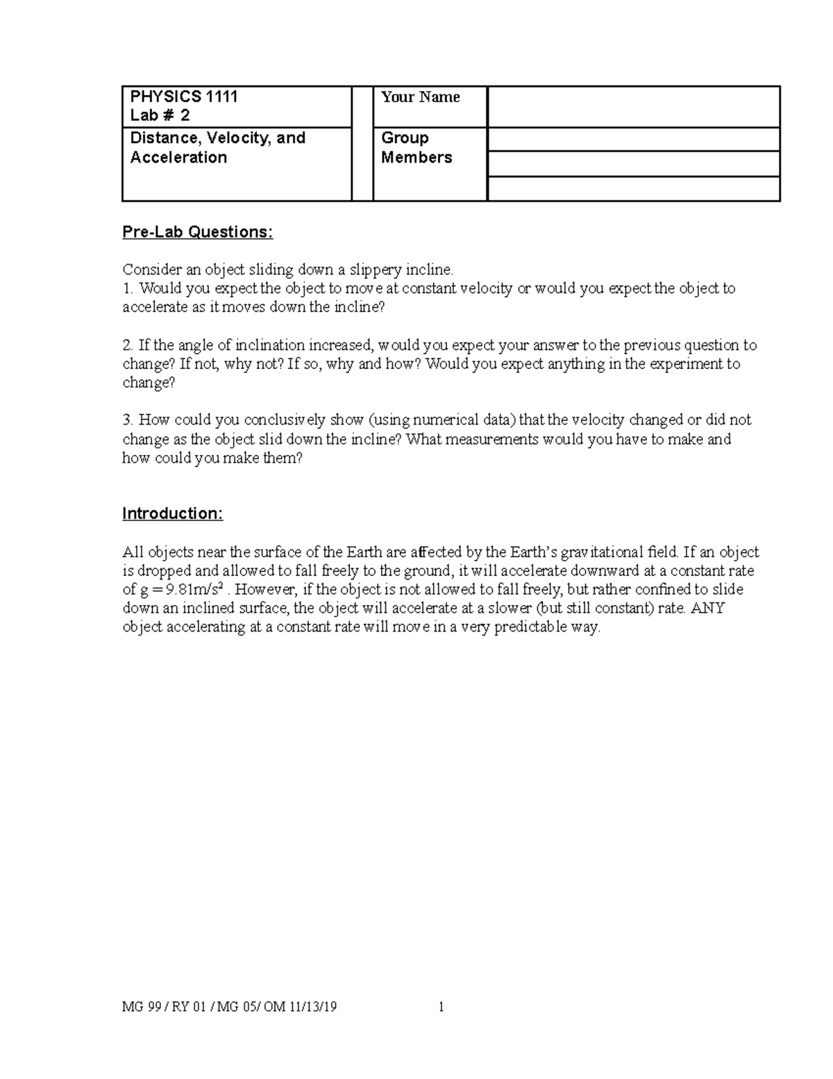LAB 2 Distance Velocity and Acceleration A - PHYSICS 1111 Lab # 2 Your ...