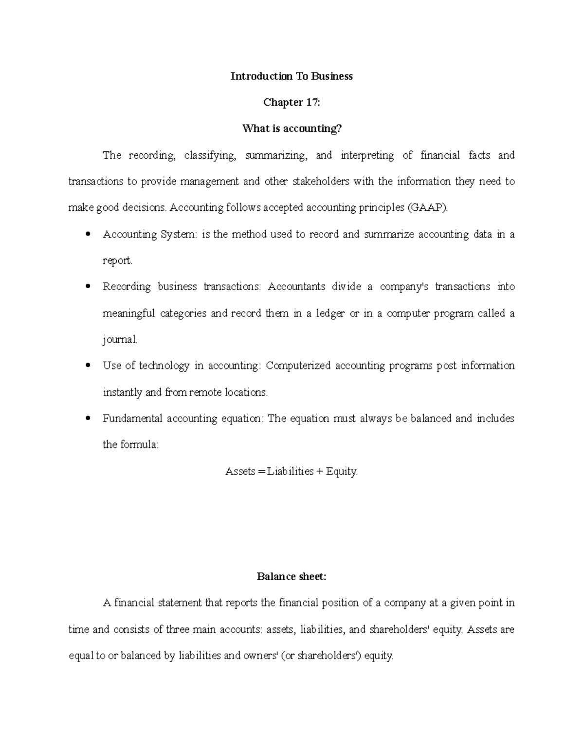 Week 8 Assignment - Introduction To Business Chapter 17: What is accounting? The recording ...